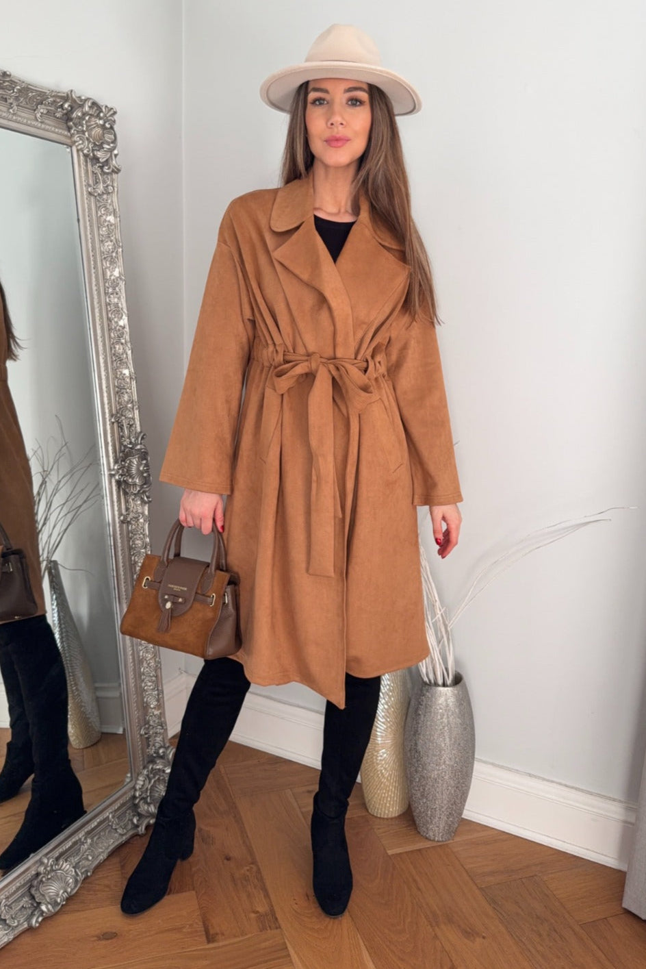 Wholesale Coats | Suede Midi Coat with Belt | Wrap Coat | Camel Coat ...