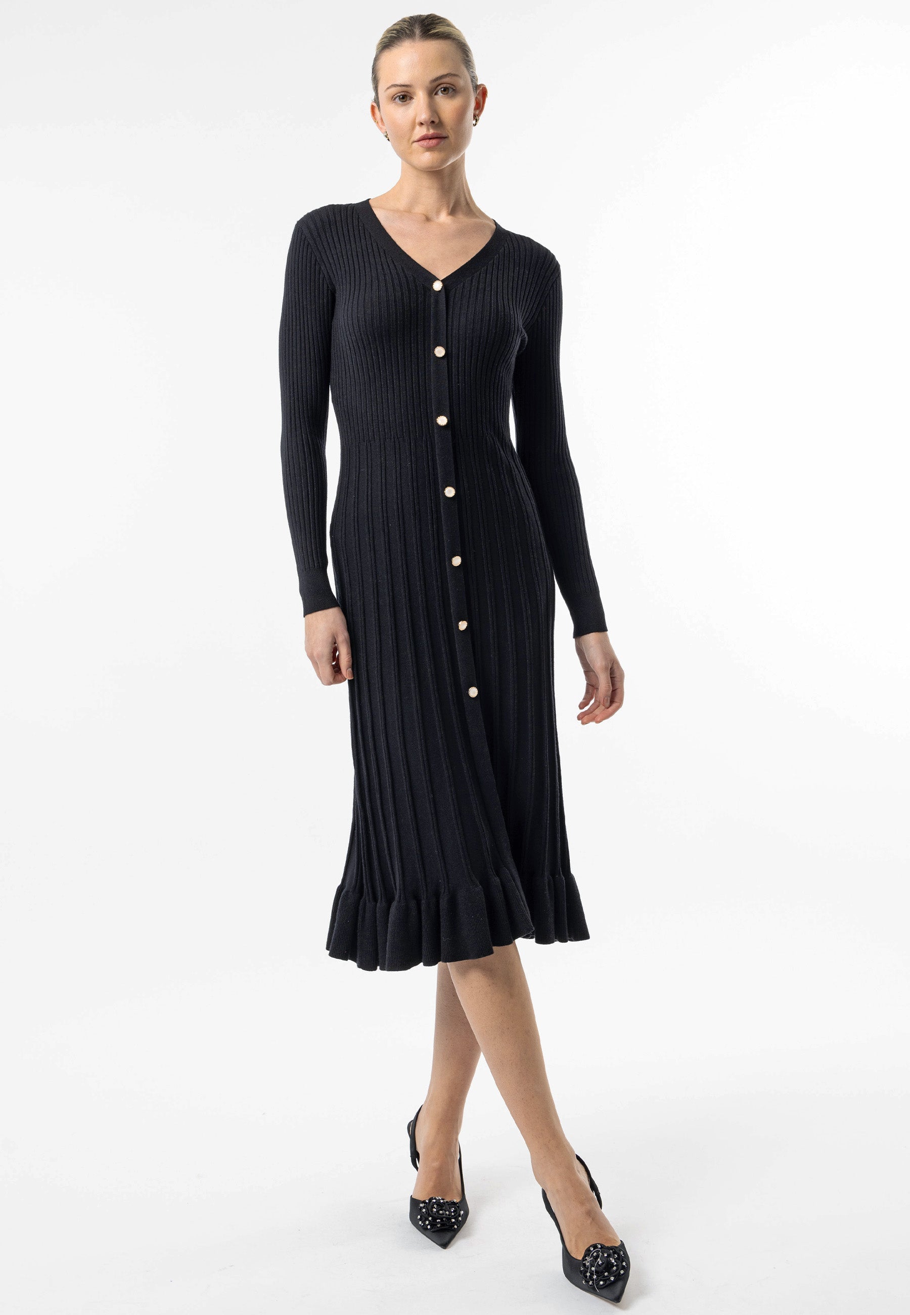 ANGELEYE Black Knit Button Midi Dress with Ruffle Hem – jqwholesale.com