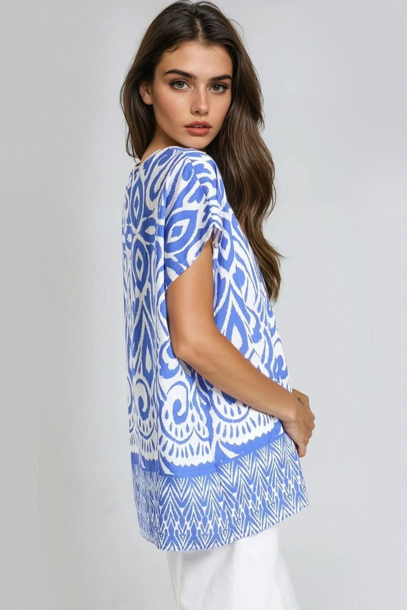 Blue Ikat Print Relaxed Fit Top– jqwholesale.com