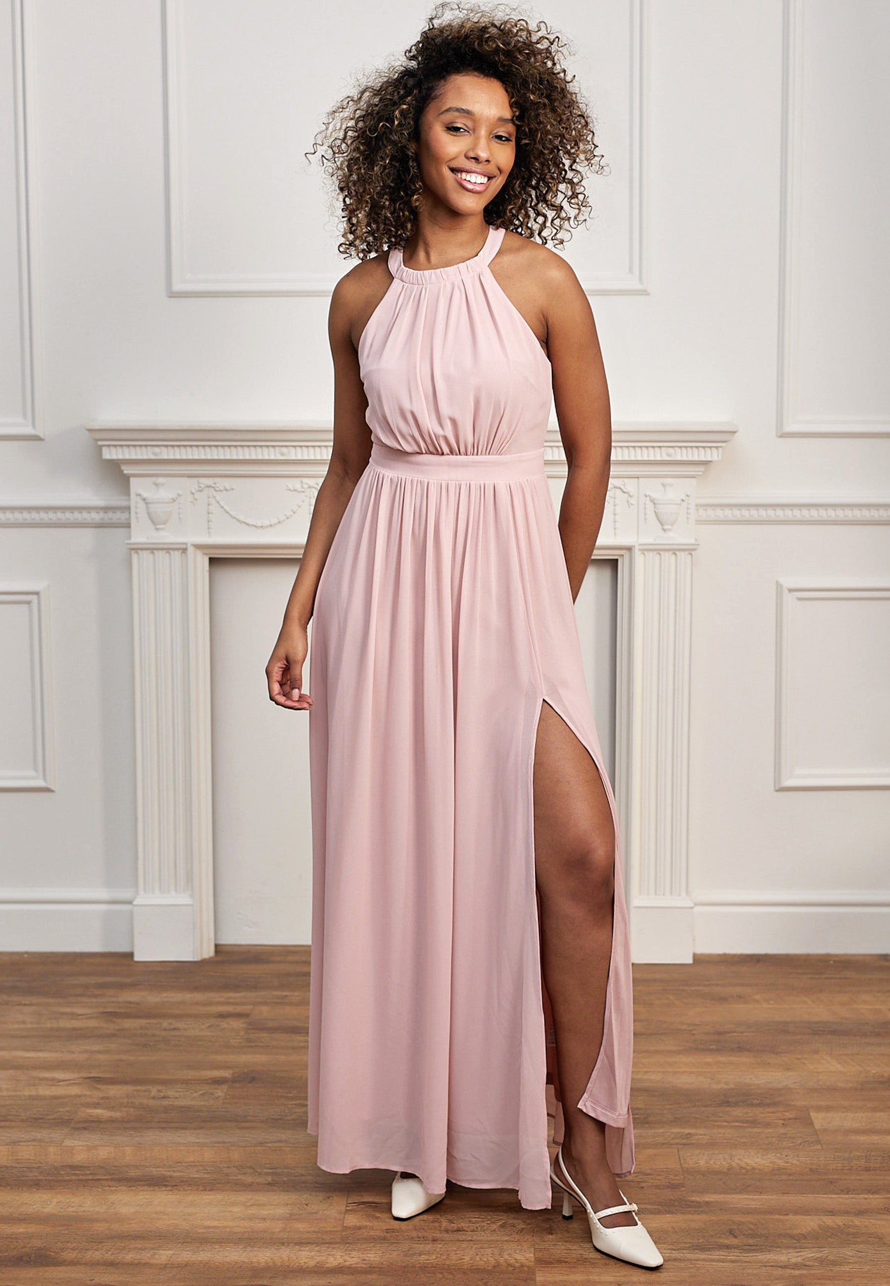 Halter Neck Maxi Dress With Leg Slit In Pink | ANGELEYE – jqwholesale.com