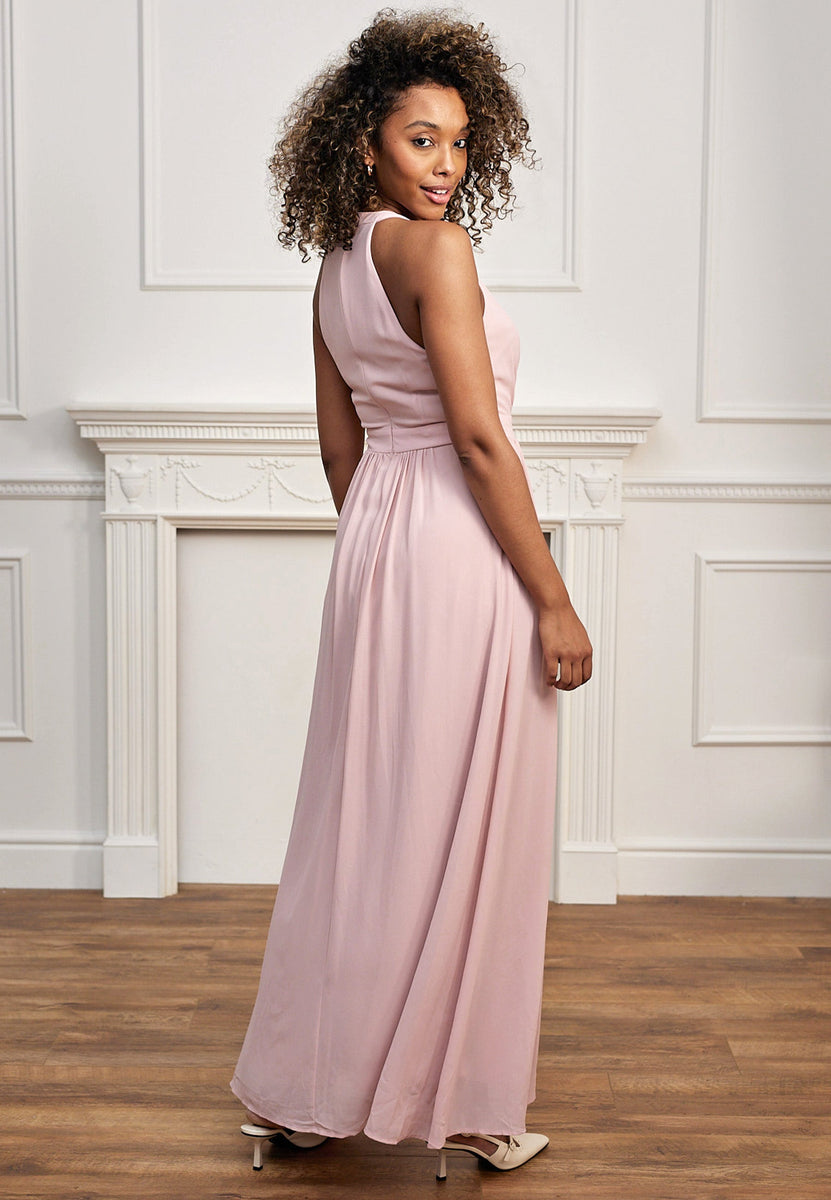 Halter Neck Maxi Dress With Leg Slit In Pink | ANGELEYE– jqwholesale.com