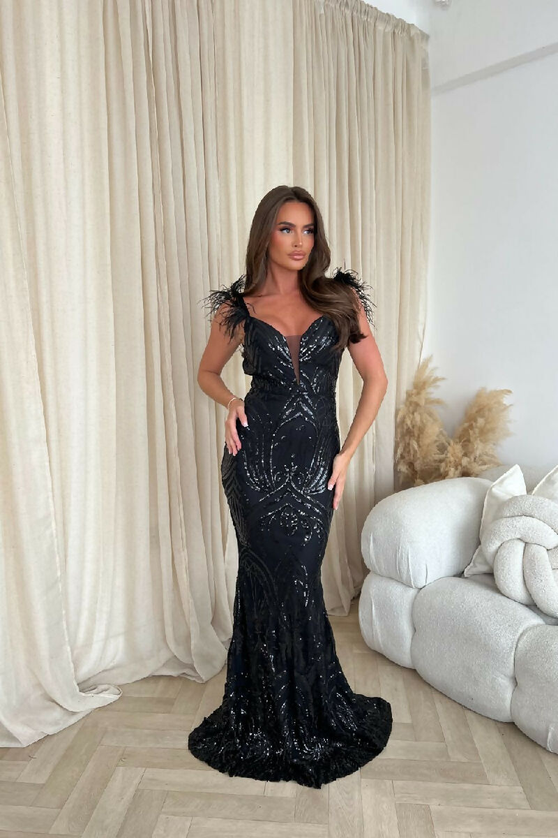 Trophy Black Luxe Feather Maxi Dress | Wholesale Evening Gowns ...
