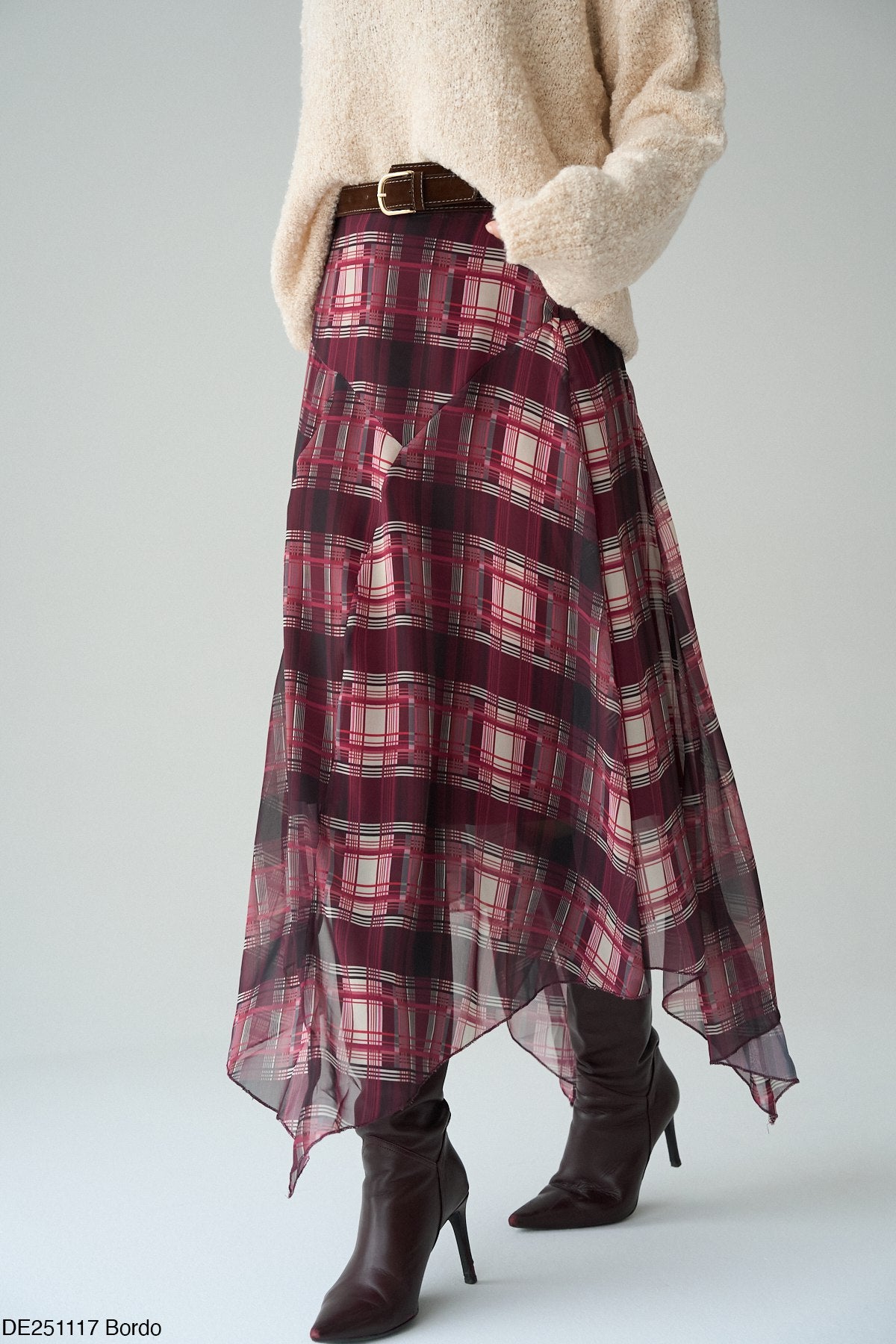 Asymmetric Check Chiffon Midi Skirt in Bordo – jqwholesale.com
